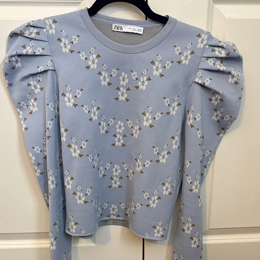 Zara | Tops | Zara Light Blue Floral Puff Sleeve Blouse | Poshmark